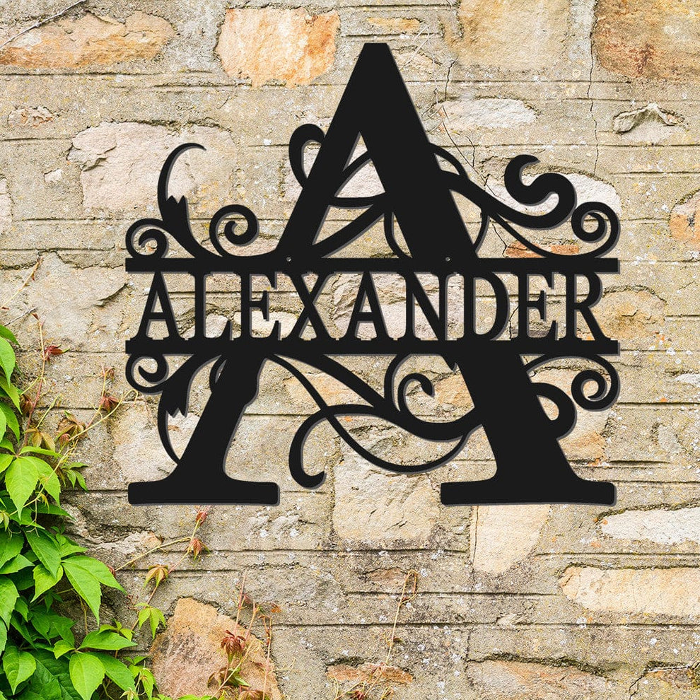 Monogram Last Name Wall Sign w/ Split Swirly Design - Rusty Rooster ...